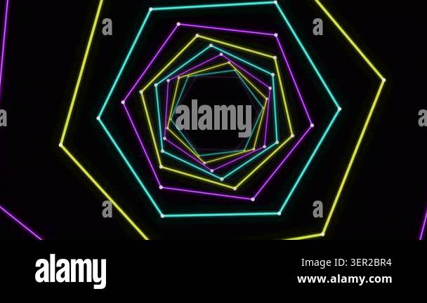 Rotating neon hexagon tunnel animation with glowing geometric shapes ...