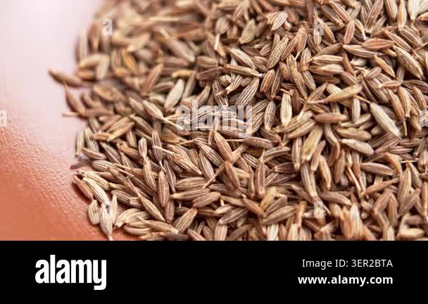 Whole cumin (jeera) seeds in brown bowl. Traditional herbal seasoning ...