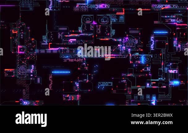 A digital circuit with neon lines, pulses, and glowing nodes against a ...