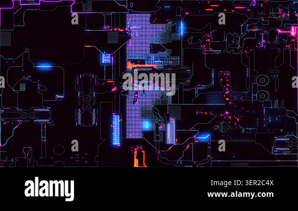 A digital circuit with neon lines, dynamic pulses, and glowing nodes ...