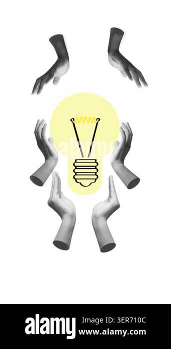 Grayscale hands surrounding glowing light bulb in stop motion on white ...