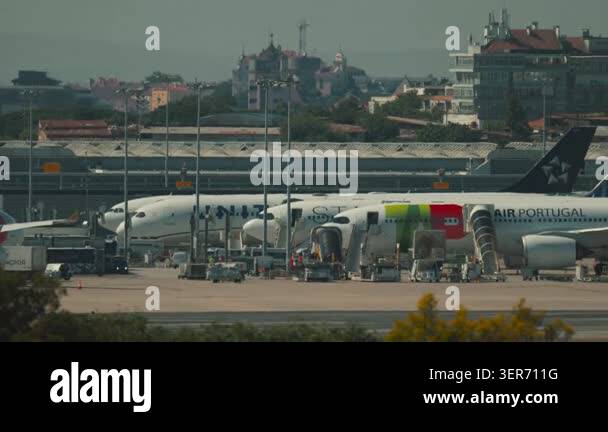 25 may 2026, Lisbon, Portugal - Multiple airplanes are seen parked at ...