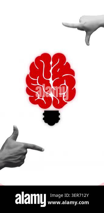 Grayscale hands framing red brain light bulb in stop motion on light ...