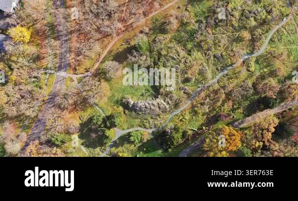 Aerial drone footage captures a park in autumn with colorful trees and ...