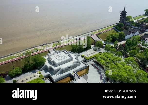 Aerial view of Chinese Jiangnan Qiantang River levee and pagoda Stock ...