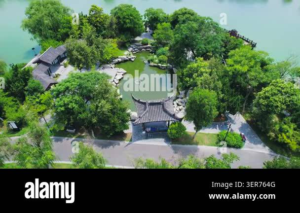 Aerial view of Chinese Jiangnan ancient water town garden and urban ...