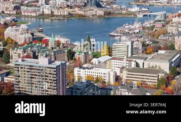 Parliament Buildings, Victoria, Aerial view of a city harbor with ...