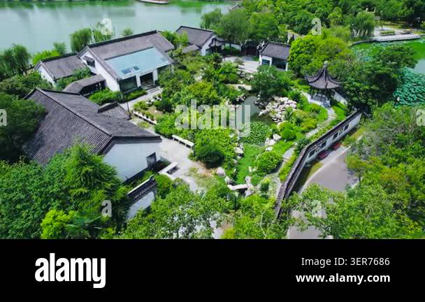 Aerial view of Chinese Jiangnan ancient water town courtyard and ...