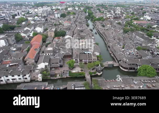 Aerial view of Chinese Jiangnan ancient water town stone alleys and ...