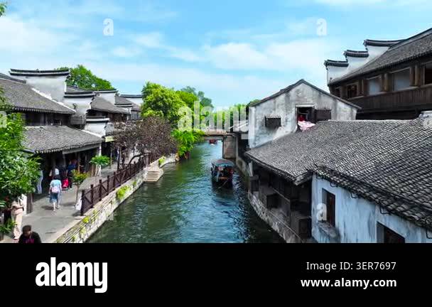 Chinese Jiangnan riverside houses with black tile roofs Stock Video ...