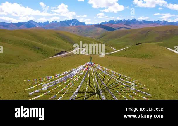 Aerial Grassland Prayer Flag Array Scenery Qinghai China Stock Video ...
