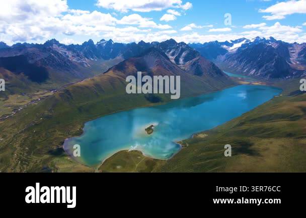 Aerial Plateau Lake at the Foot of Mountains Qinghai China Stock Video ...