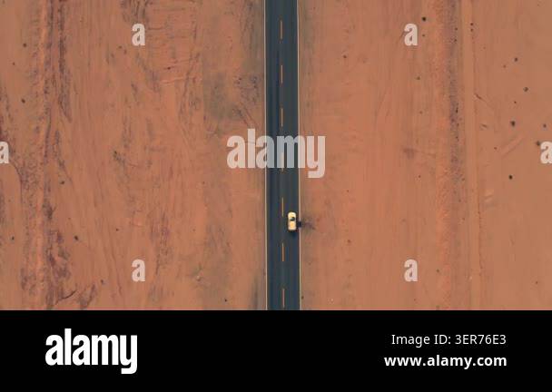 Top down Aerial Shot of Car Driving on Desert Highway in Qinghai, China ...