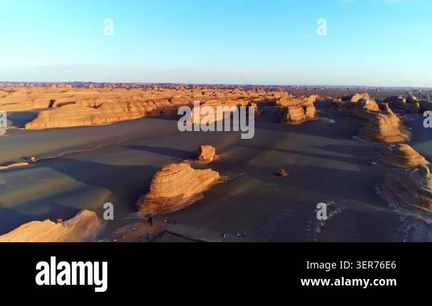 Aerial Yardang Rock Mound Lake View at Sunset Qinghai China Stock Video ...