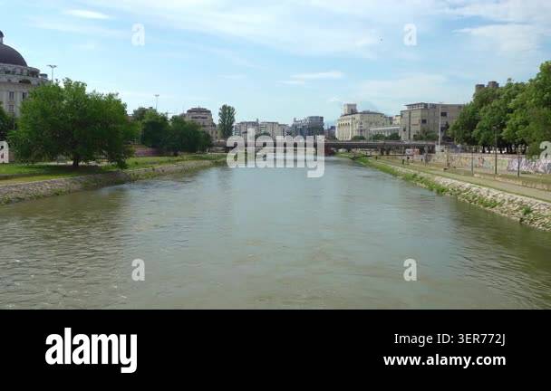 Skopje, North Macedonia, June 3, 2026. Vardar river in the city center ...