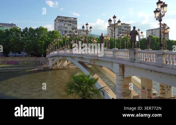 Skopje, North Macedonia, June 2, 2026. view of the Arts bridge statues ...