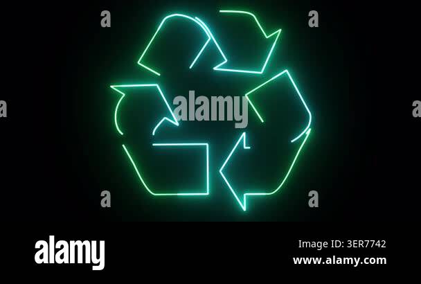 Neon Recycling Symbol Animation on Black Background, Glowing Green Eco ...