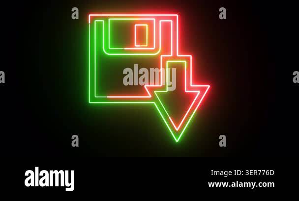 Neon Download Icon with Floppy Disk Symbol on Black Background Digital ...