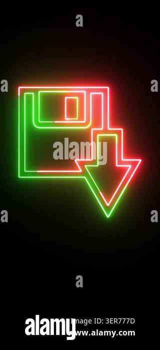 Glowing Neon Floppy Disk and Download Arrow Icon Data Backup and File ...
