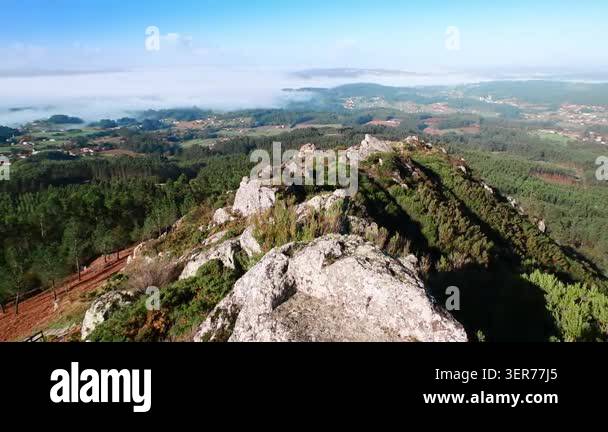 Aerial view of Pico Sacro, a sacred peak near Santiago de Compostela ...