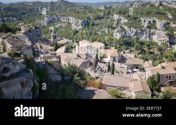 Aerial view of the city and the castle of Les Beaux de Provence, South ...