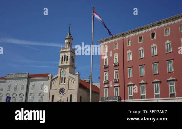 Historic stone church of Saint Francis with bell tower in Split Croatia ...