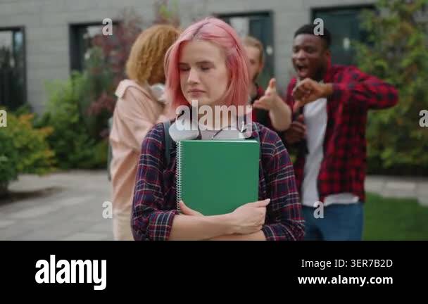 Lonely Caucasian girl student woman hipster ignoring bullying ignore ...