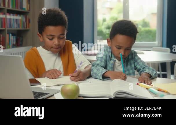 E-learning distant primary education two African American little boys ...