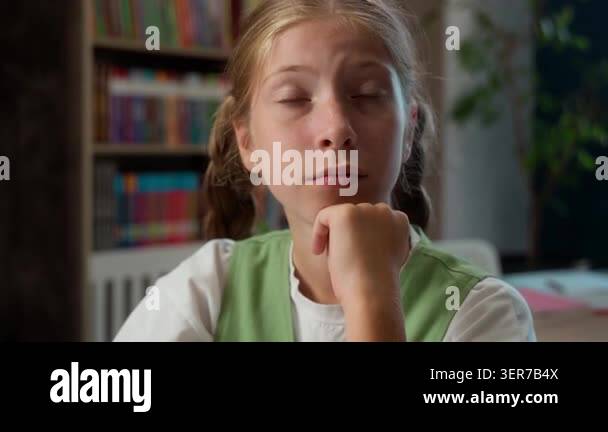Thinking excited smiling Caucasian little girl child school kid coming ...