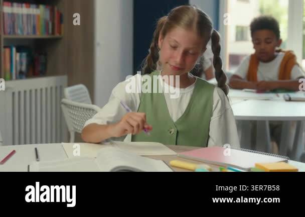 Satisfied glad successful Caucasian girl teenager finishing writing ...