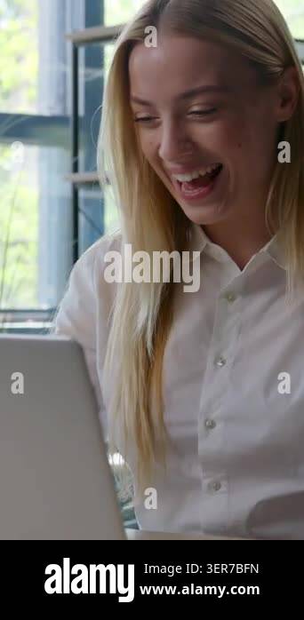 Happy smiling friendly Caucasian businesswoman talking video call ...