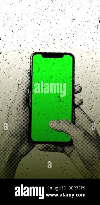Vertical animation of halftone hands holding a smartphone with a green ...