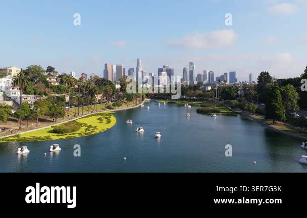 Scenic flight revealing downtown Los Angeles skyline with Echo Park ...