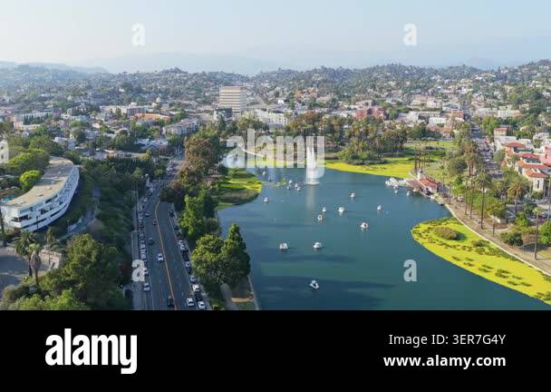 Scenic flight over Echo Park Lake in Los Angeles showing pedal boats ...