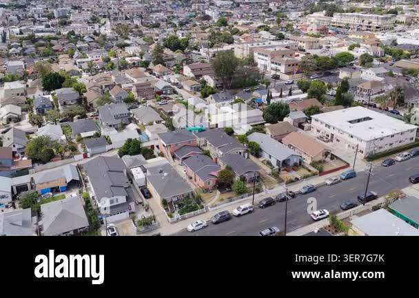 High angle of Los Angeles residential neighborhood revealing urban ...