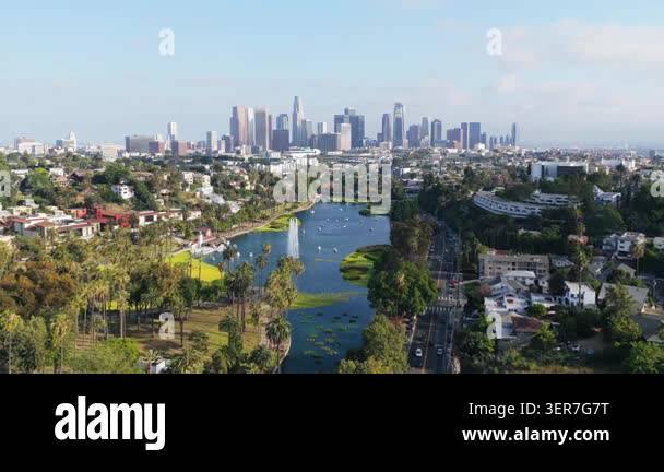 Scenic landscape of downtown Los Angeles with green Echo Park and urban ...