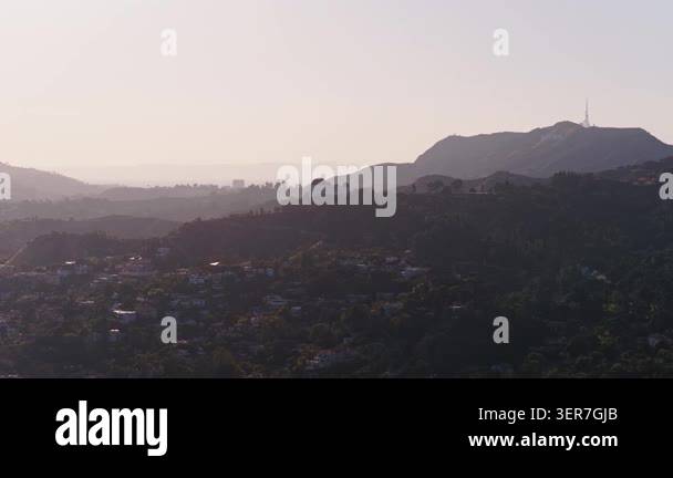Hollywood Hills and iconic sign on Mount Lee with radio tower during ...