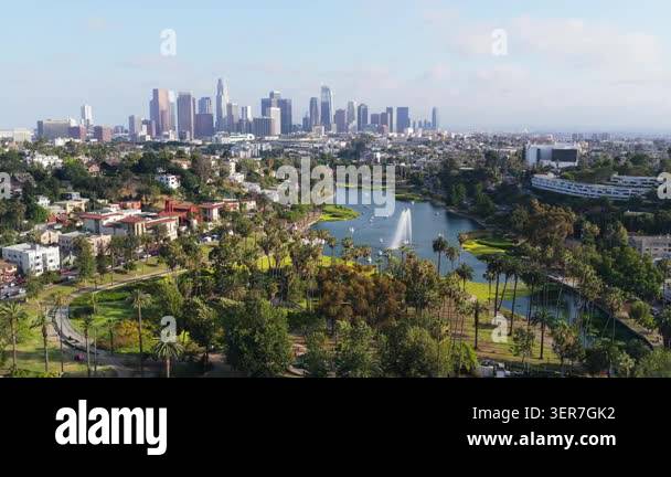 Scenic Echo Park Lake and downtown Los Angeles skyline, revealing green ...