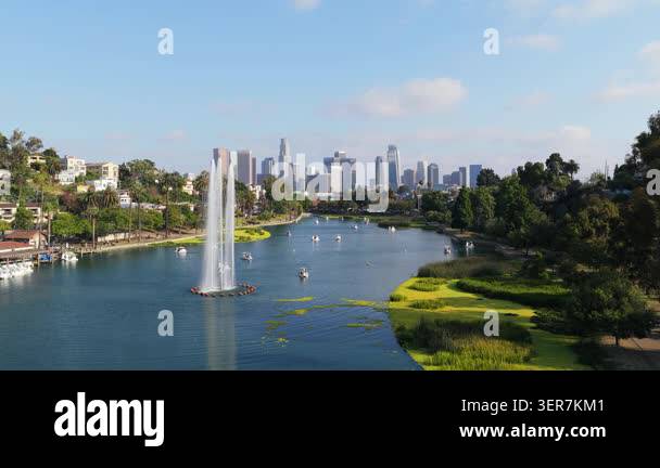 Scenic Echo Park Lake showcasing downtown Los Angeles skyline with ...