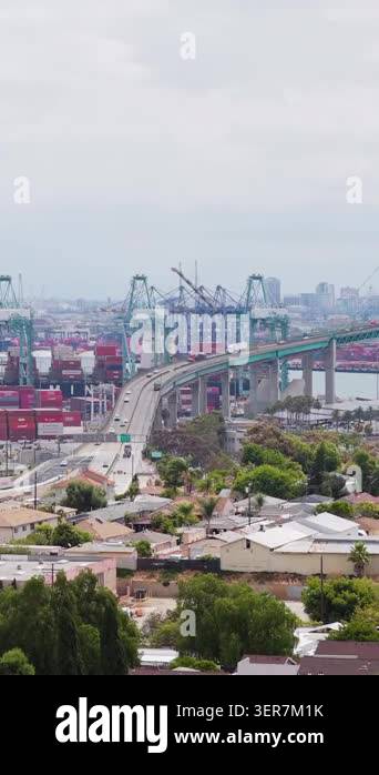 Industrial Port of Los Angeles showcasing Vincent Thomas Bridge and ...