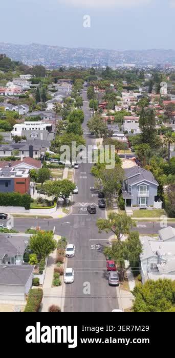 Urban landscape flying forward over Larchmont Village, Los Angeles ...
