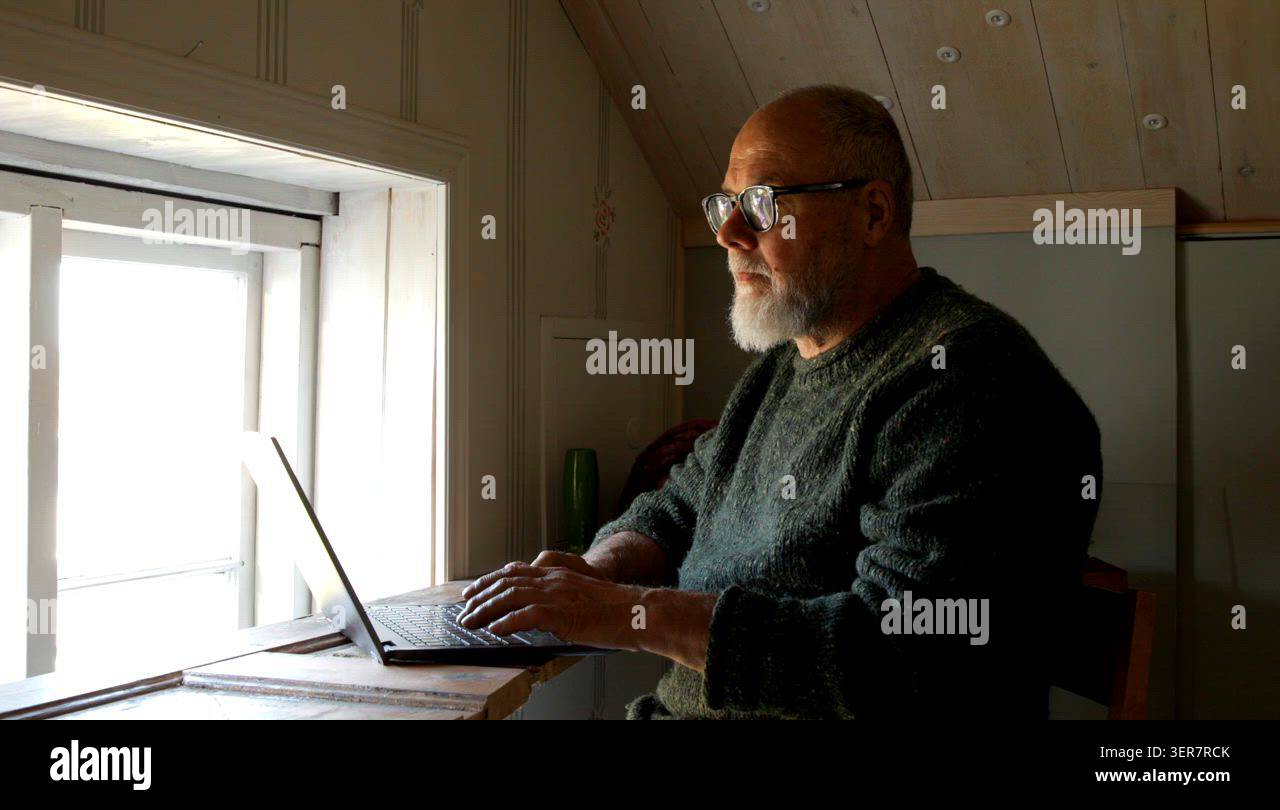 Senior Man Working on Laptop in Cozy Attic Home Stock Video Footage - Alamy