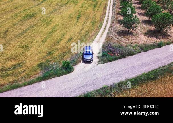 Aerial drone view of car driving along country road between orchards ...