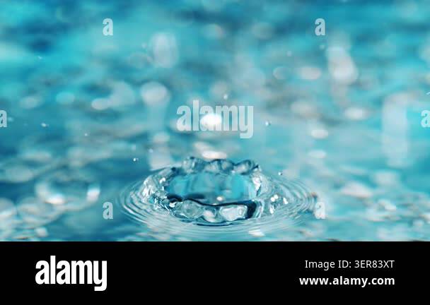 Macro close-up of a falling water drop creating a splash and ripples on ...