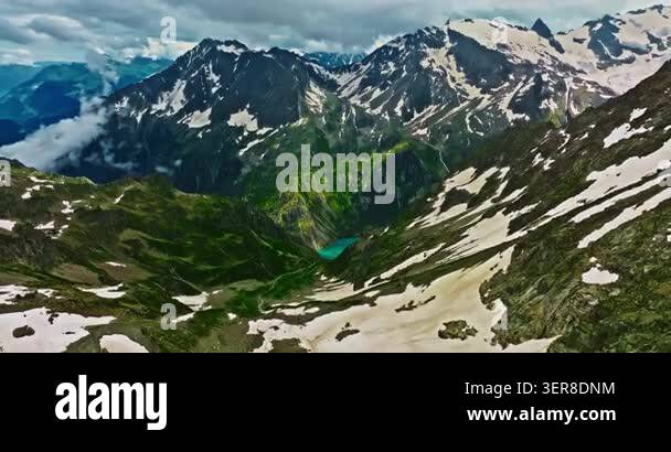 Establishing shot of Switzerland. Aerial view of the green meadows of ...