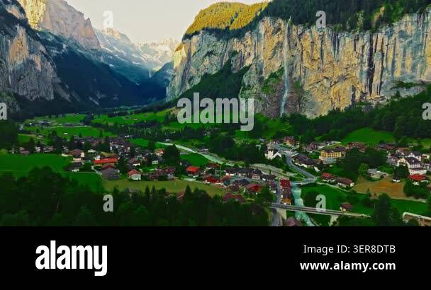 Aerial view of Lauterbrunnen valley in Switzerland. Swiss alpine ...