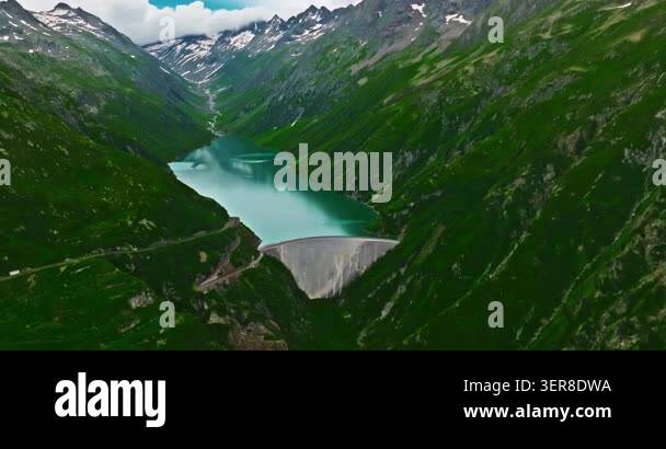 Establishing shot of Switzerland. Aerial view of the green meadows of ...