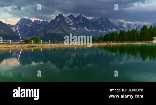 Establishing shot of French mountains in summer. Drone view of green ...