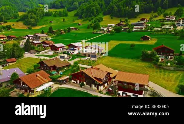 Establishing shot of Switzerland. Aerial view of the green meadows of ...