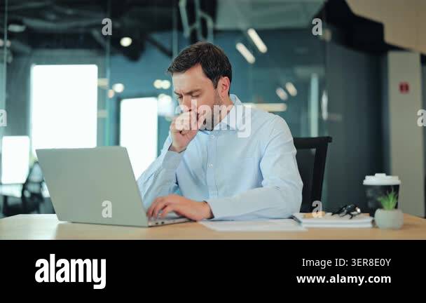 Close-up of unwell corporate manager or IT specialist suffering from ...